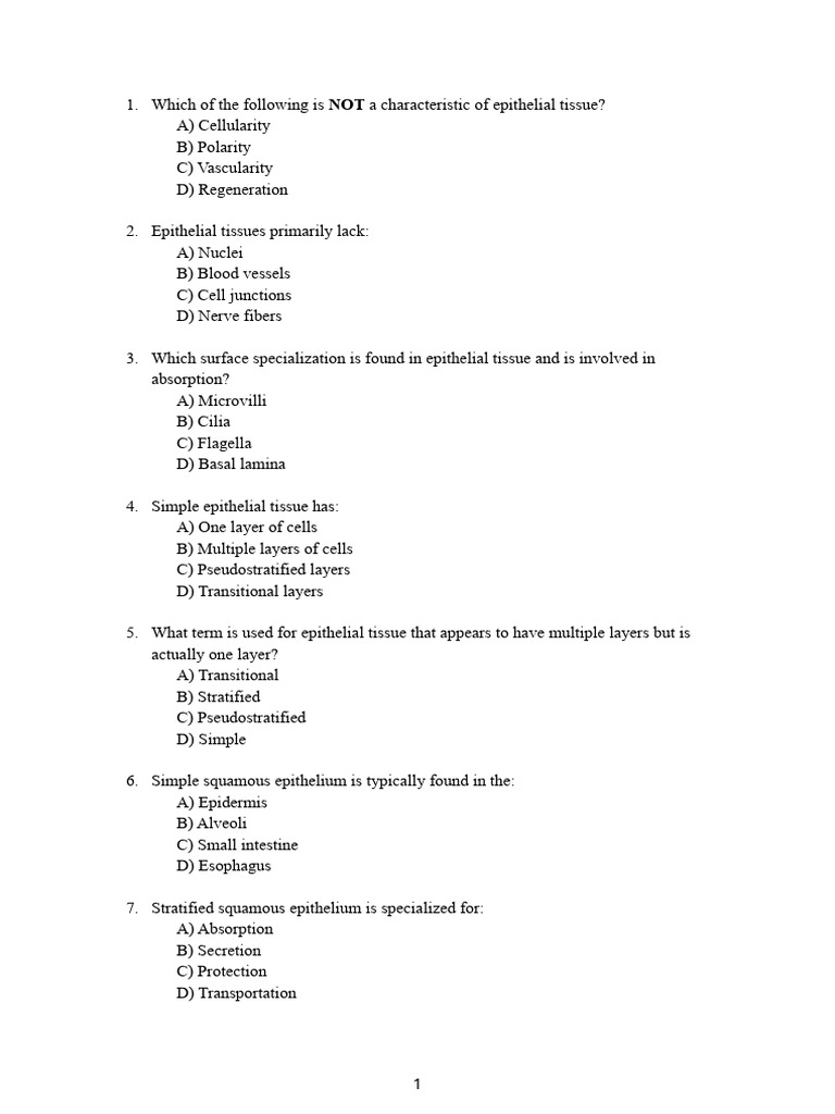 Epithelial Tissue Characteristics Quiz | PDF | Epithelium | Organ (Anatomy)
