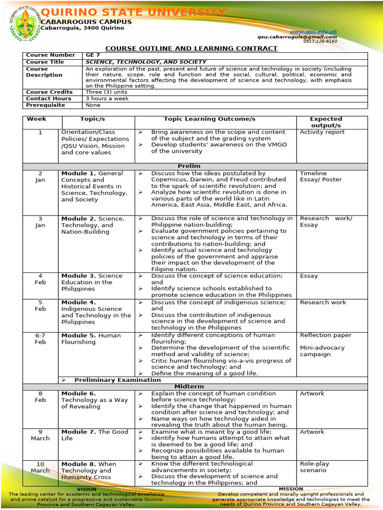 STS Course Outline and Learning Contract | PDF | Science | Genetically Modified Organism