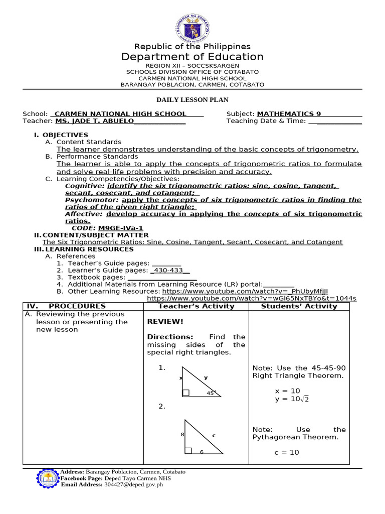 Trigonometric Ratios Lesson Plan | PDF | Trigonometric Functions ...