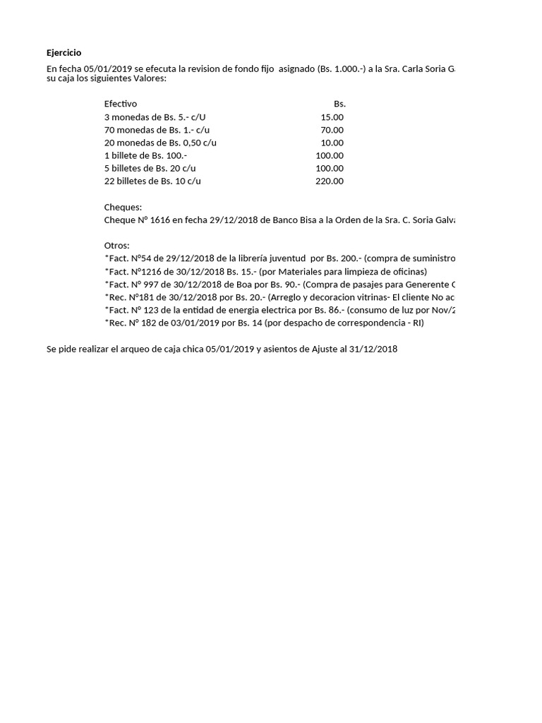 Ejercicios 3 Arqueo de Caja Chica | PDF | Dinero | Moneda