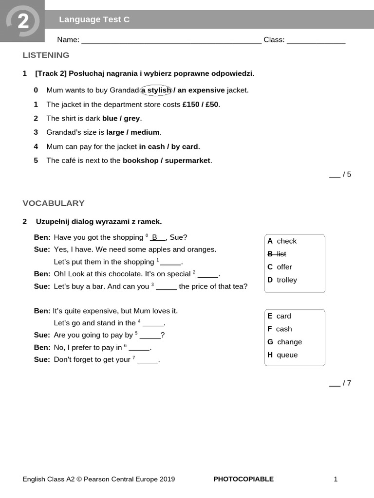 EC - A2 - Tests - Language Test 2C | PDF | Foods