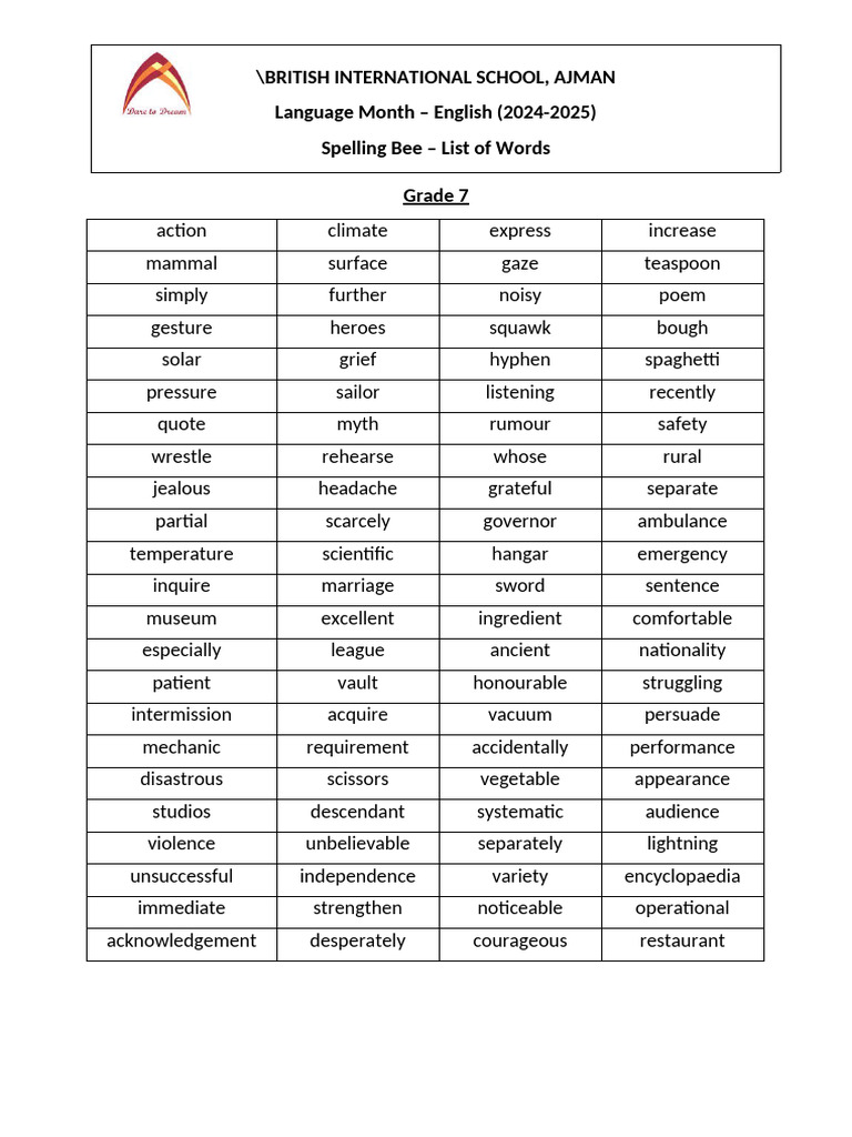 Spelling Bee - Grade 7 | PDF