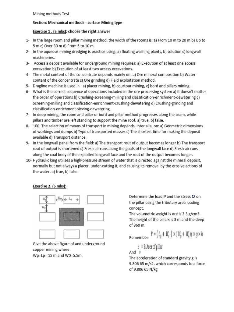 Mining Methods Test Paper 2 Mechanical Methods PDF | PDF | Mining ...