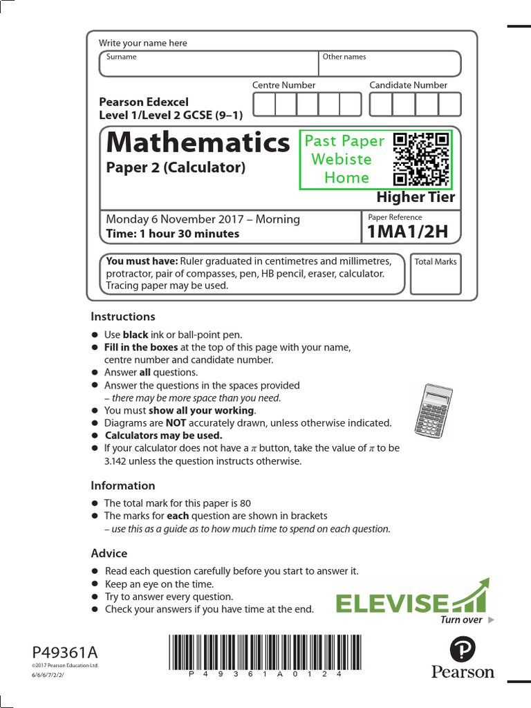 Edexcel Maths Paper 2 Higher November 2017 - Paper With QR Codes | PDF ...