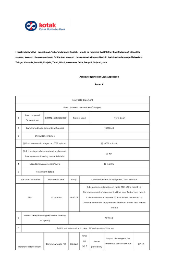 Kotak Mahindra Loan Key Facts Statement | PDF | Loans | Annual Percentage Rate