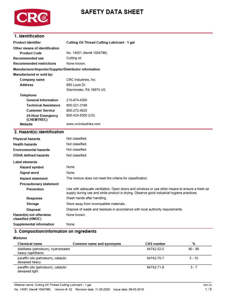 CRC® Cutting Oil Thread Cutting Lubricant Msds - En-1004786 | PDF ...