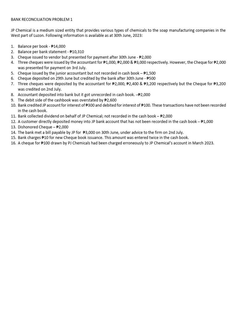 Bank Recon Prob1 JP Chemical | PDF