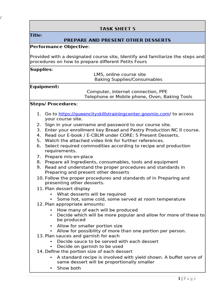 Core 5 Task Sheet Bpp | PDF | Desserts | Baking