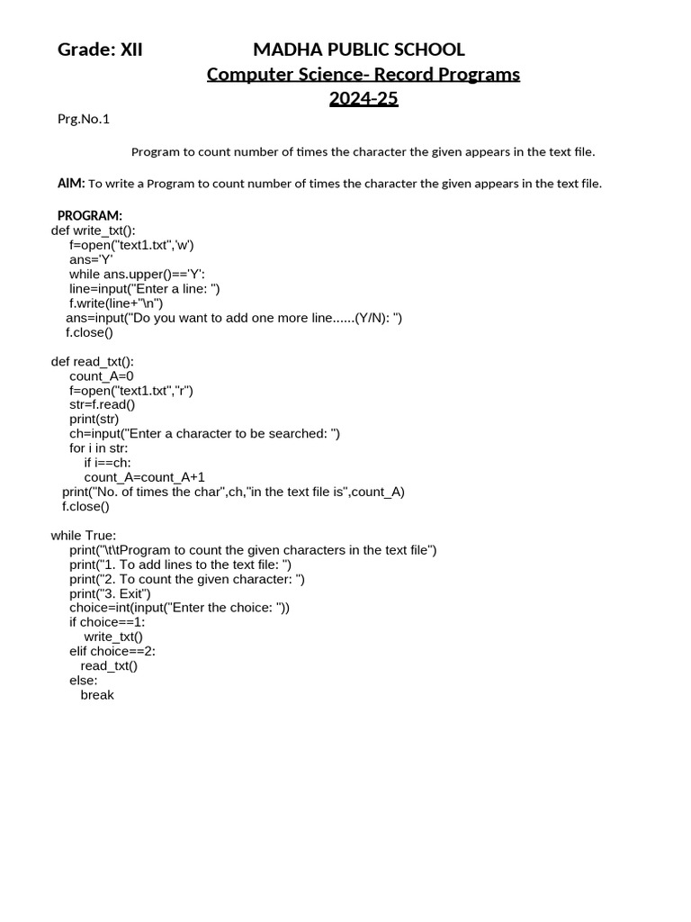 classXII-CS-Record Programs | PDF | Data Type | Python (Programming Language)