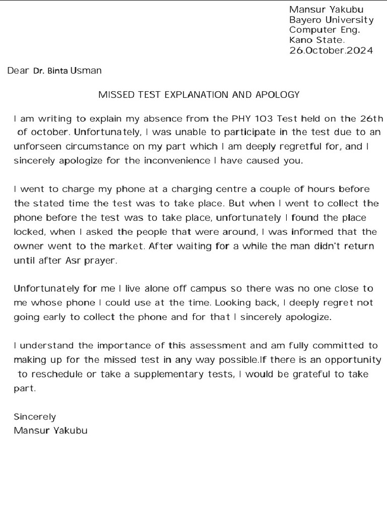 Missed Test Explanation and Apology, Mansur Yakubu | PDF