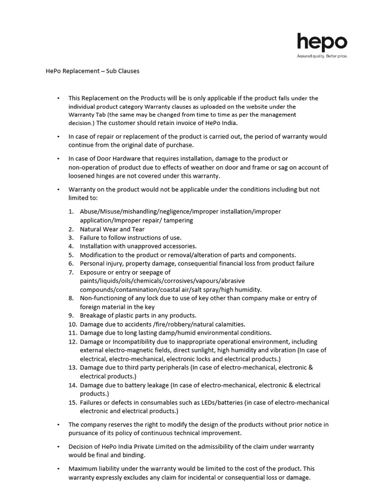 HePo India Warranty Replacement Terms | PDF