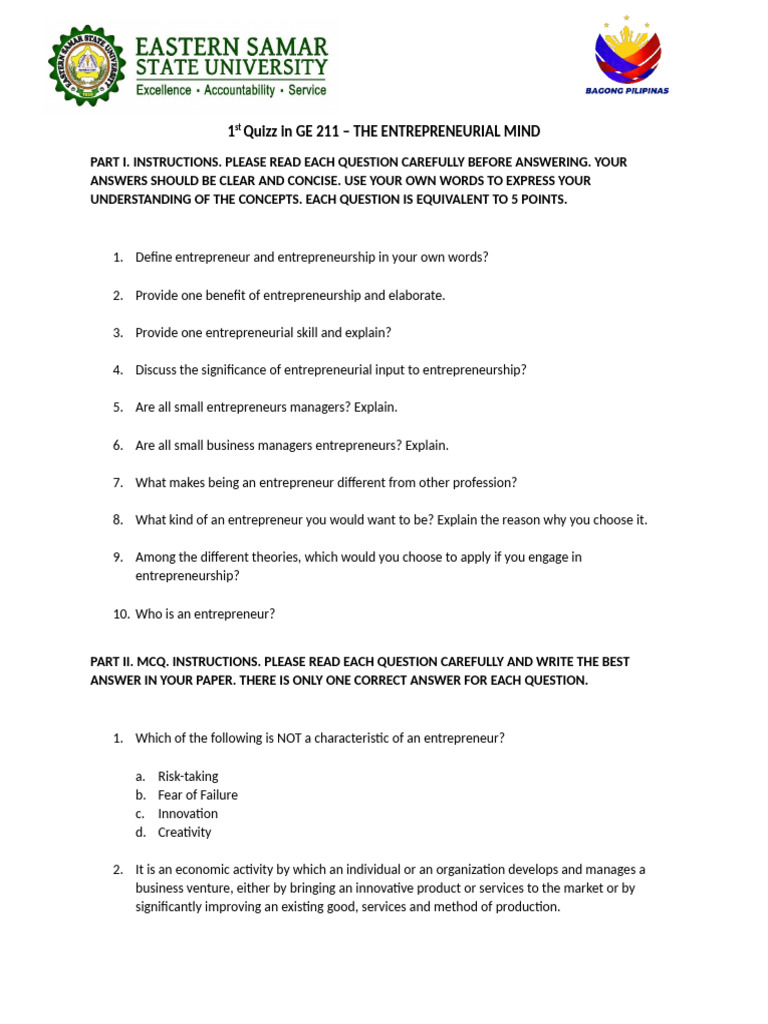 1st Quiz in The Entrep. Min | PDF | Entrepreneurship | Cognition