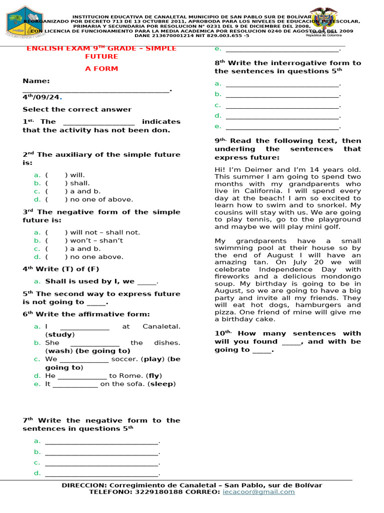 9th Grade English Exam: Simple Future | PDF