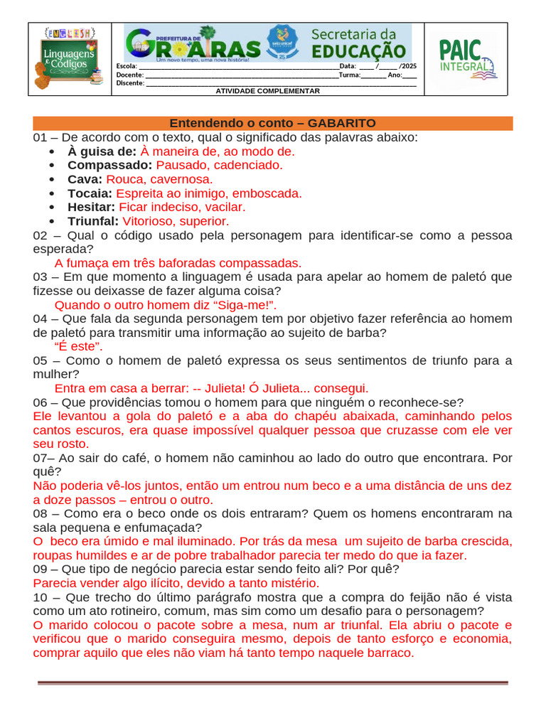 ATIVIDADE COMPLEMENTAR 01 6 E 7 ANO GABARITO | PDF