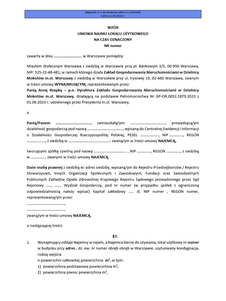 LU9. 2024 - Załącznik NR 3 (Wzór Umowy) | PDF