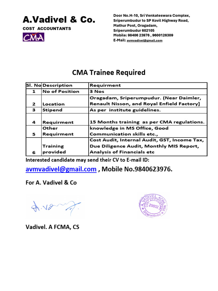 CMA Trainee Positions in Oragadam | PDF