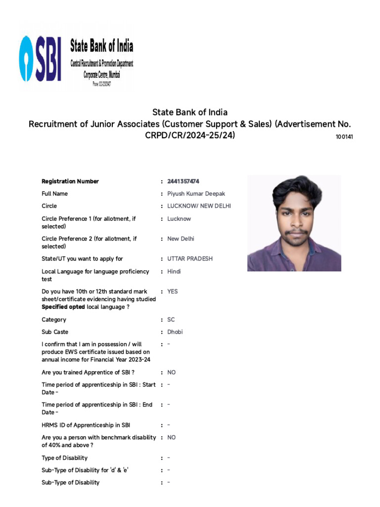 SBI Junior Associate Application Details | PDF