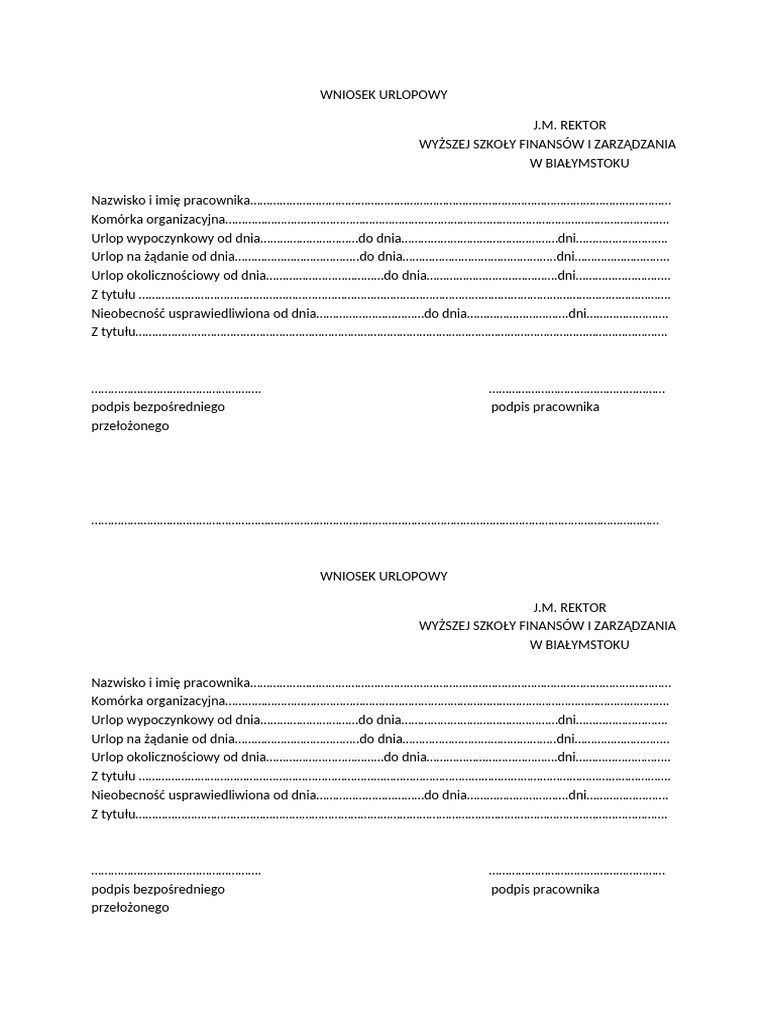 Wniosek Urlopowy | PDF