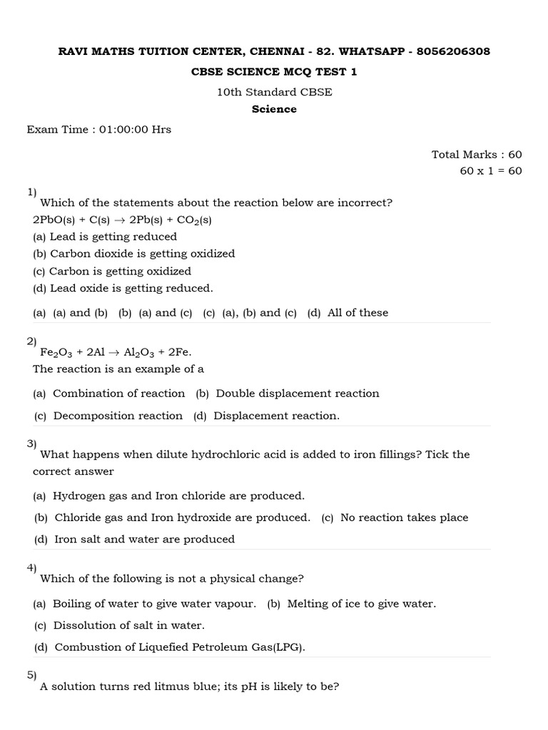 10 CBSE SCIENCE MCQ TEST 1 Q | PDF | Chemistry | Chemical Substances