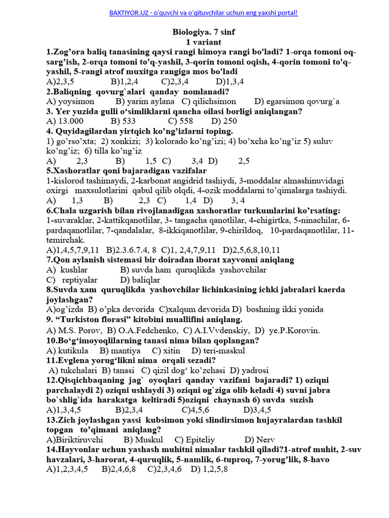 Biologiya 7 Sinf Uzb | PDF