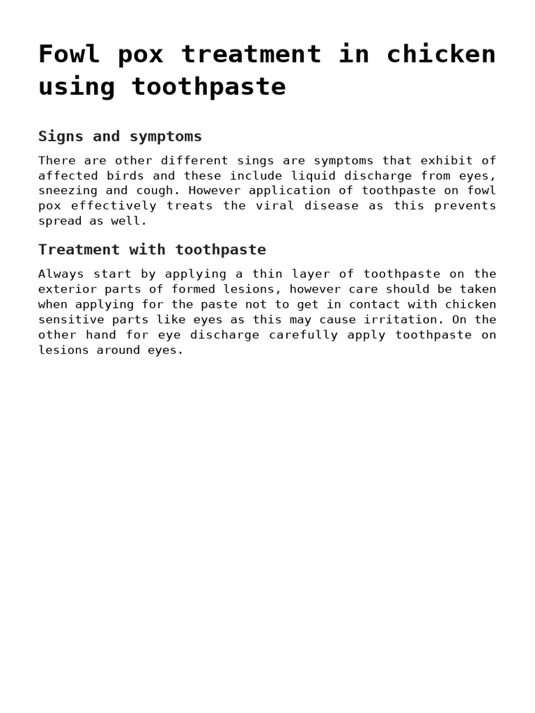 Fowl Pox Treatment in Chicken Using Toothpaste | PDF