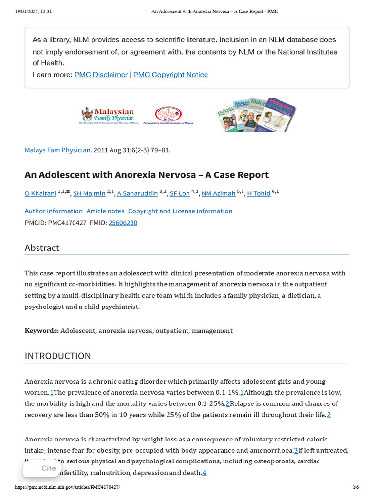 An Adolescent With Anorexia Nervosa - A Case Report - PMC | PDF ...