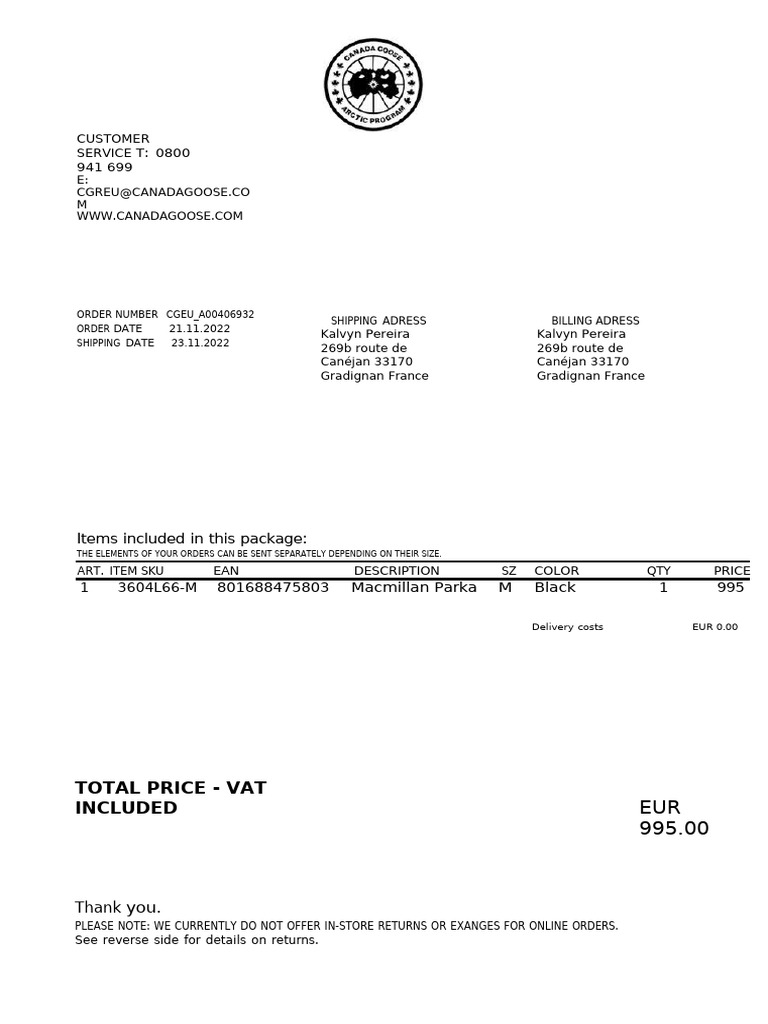 Canada Goose Order Confirmation | PDF