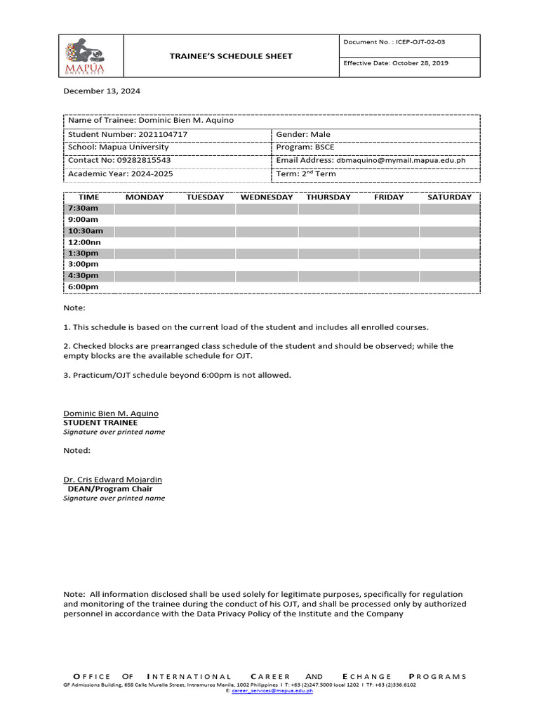 Trainee Schedule Sheet 2024 | PDF