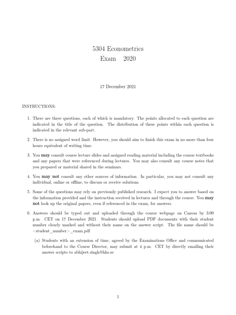 2020 Econometrics Exam Instructions and Questions | PDF | Regression ...