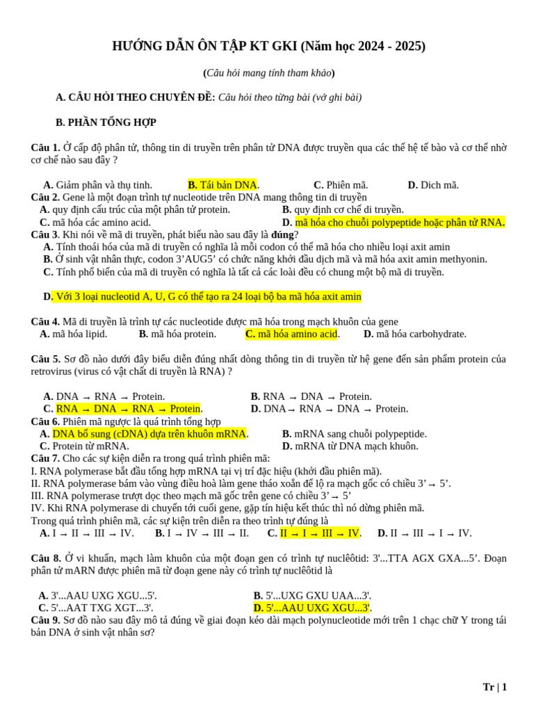 HƯỚNG DẪN ÔN KTGKI - SINH 12 (24-25) - HS | PDF