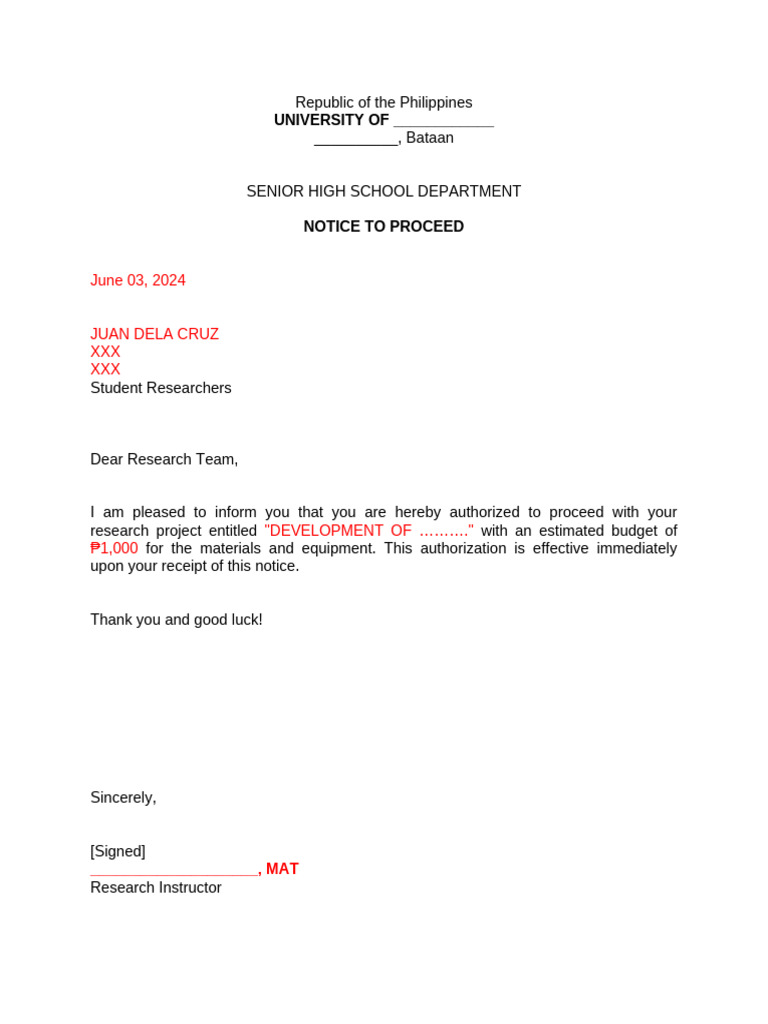 Research Notice To Proceed Template | PDF