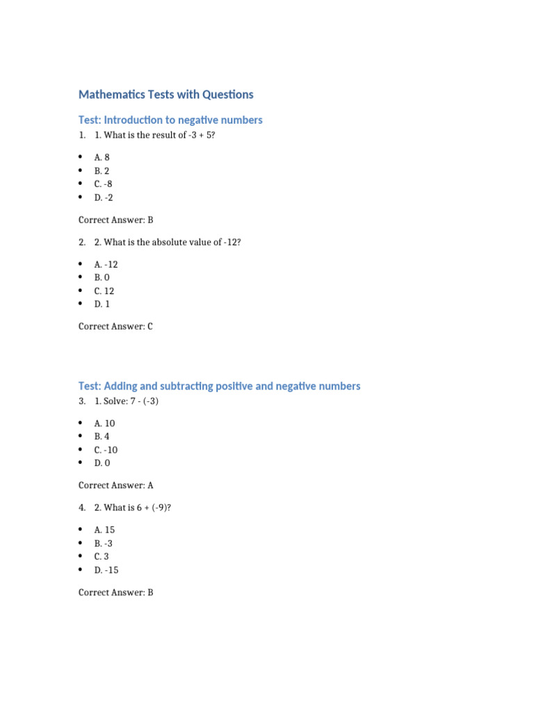 Mathematics Tests With Questions | PDF