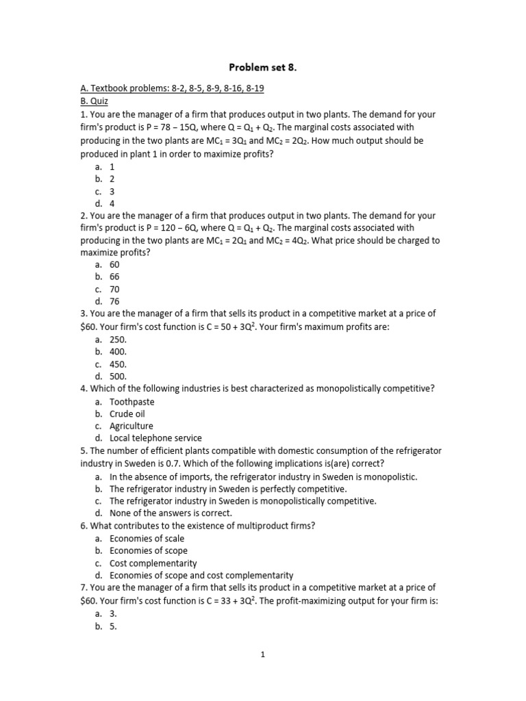 Problem set 8 | PDF | Profit (Economics) | Prices