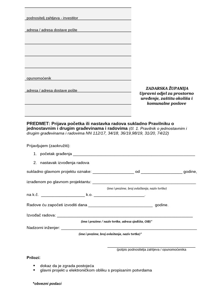 Prijava Početka Ili Nastavka Radova Jednostavne I Druge Građevine I ...