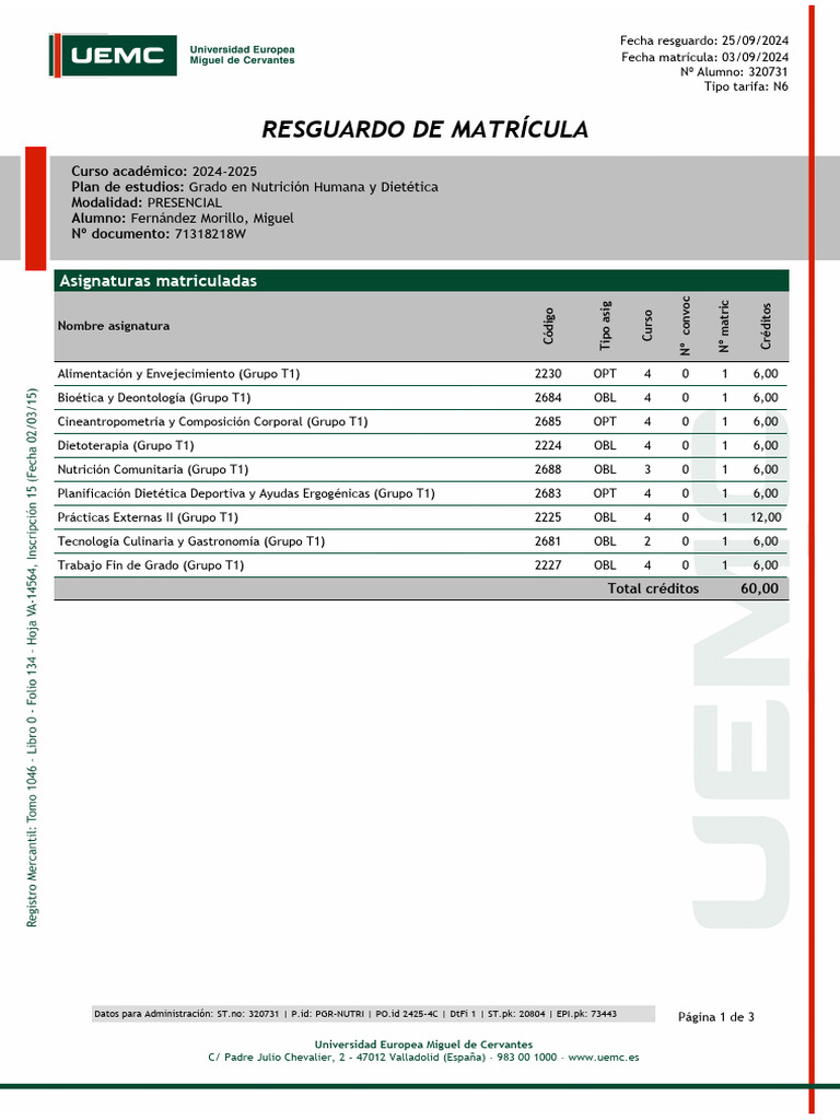 Resguardo Matricula UEMC 320731 | PDF