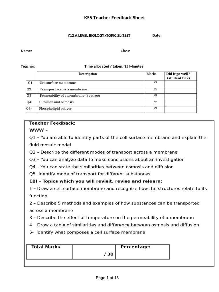 Transport Across Membranes Test and Ms | PDF | Cell Membrane | Osmosis