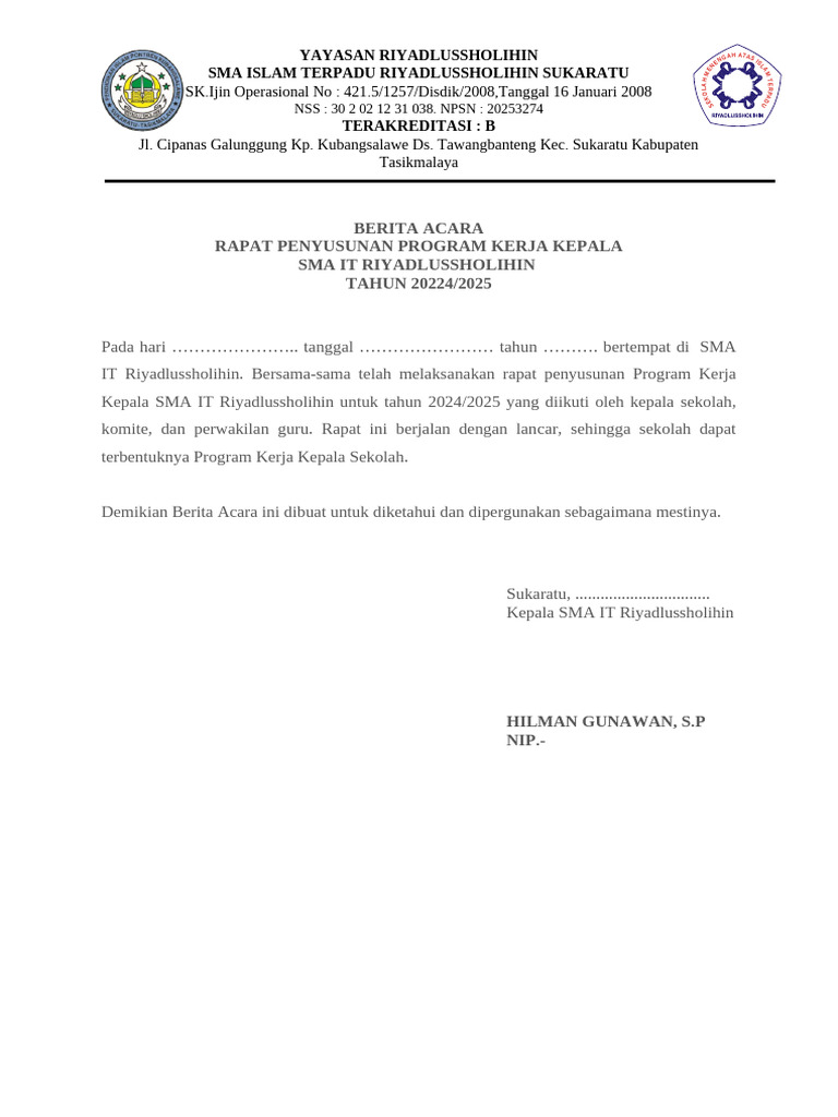 BERITA ACARA PENYUSUNAN PROKER KEPSEK 2024 | PDF