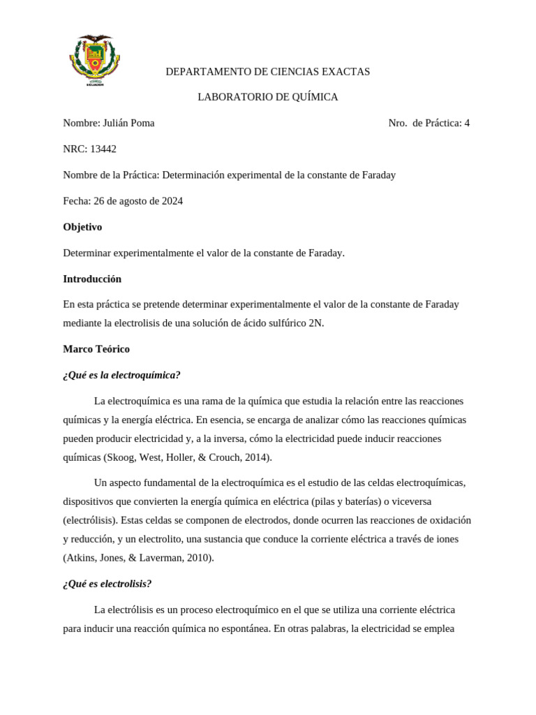 Informe Química Práctica de Laboratorio Nro 4 | PDF | Redox | Electroquímica