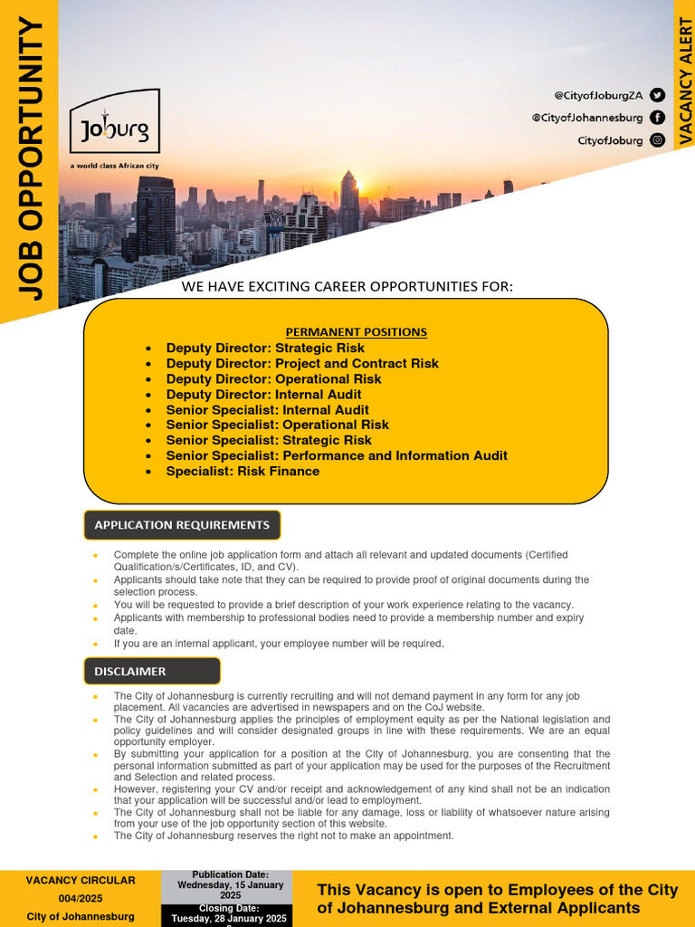 Job Vacancies at City of Johannesburg | PDF | Audit | Internal Audit