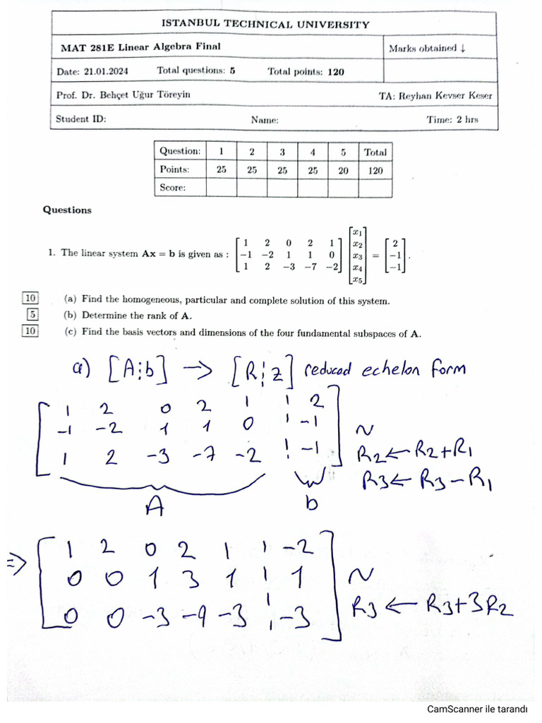 Final with solutions linear algebra | PDF