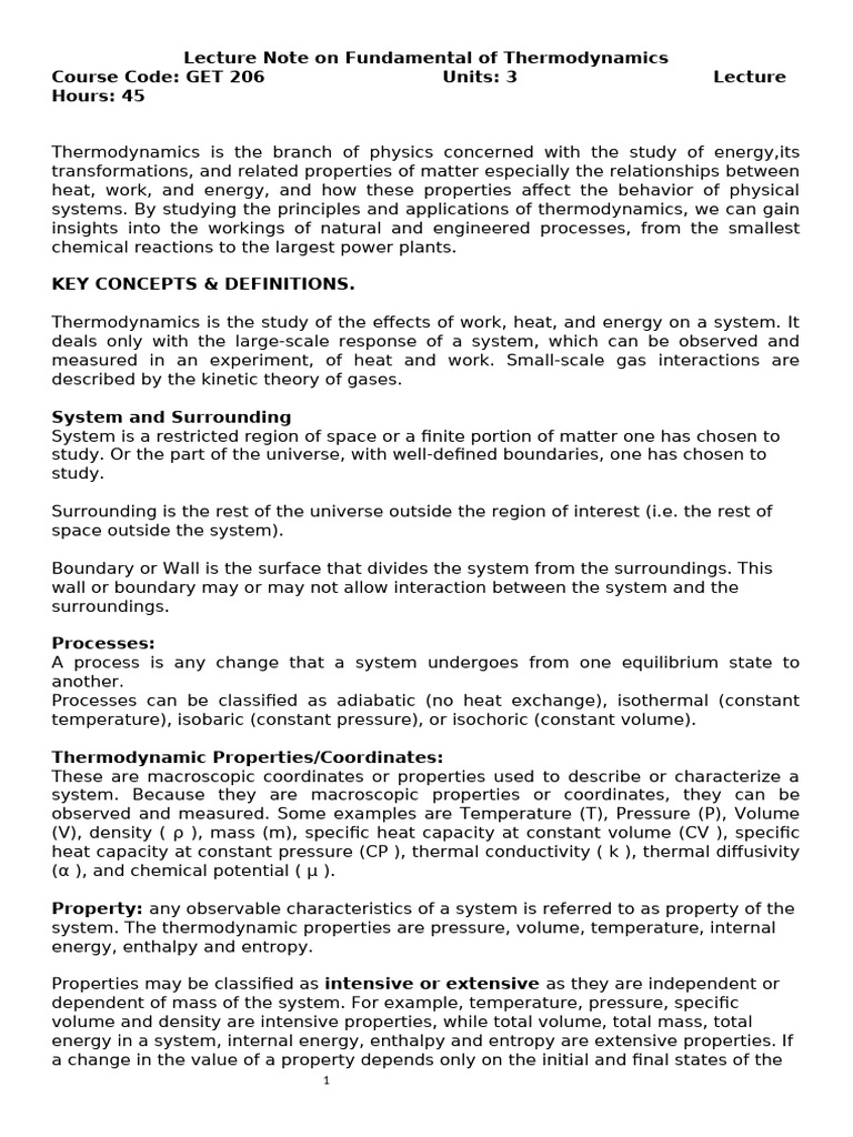 Lecture Note On Fundamental of Thermodynamics - Docx II | PDF | Heat | Temperature