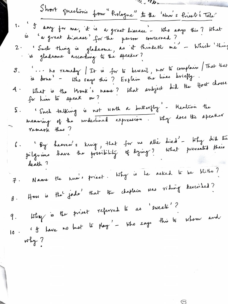 Short questions_Prologue to Nun's Priest's Tale | PDF