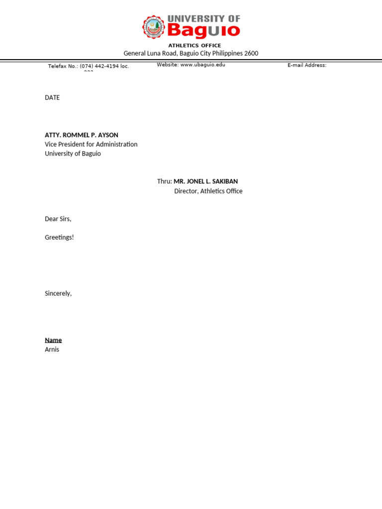 University of Baguio Athletics Office Correspondence | PDF