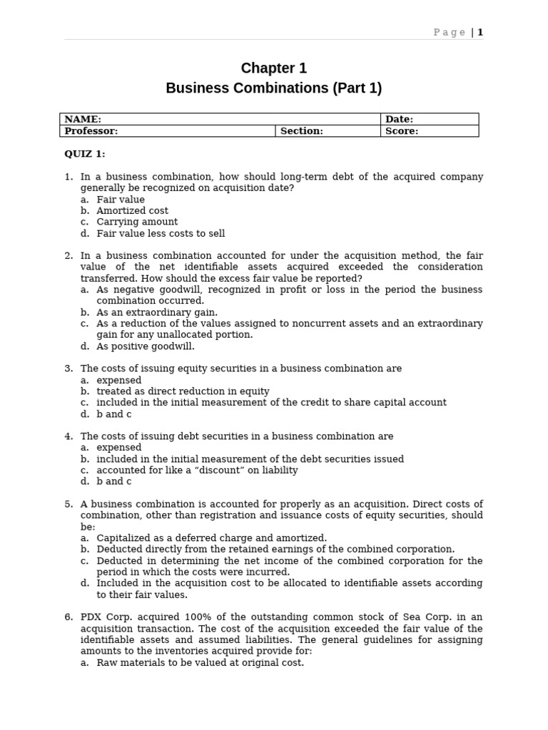 Business Combinations Quiz and Solutions | PDF | Goodwill (Accounting ...
