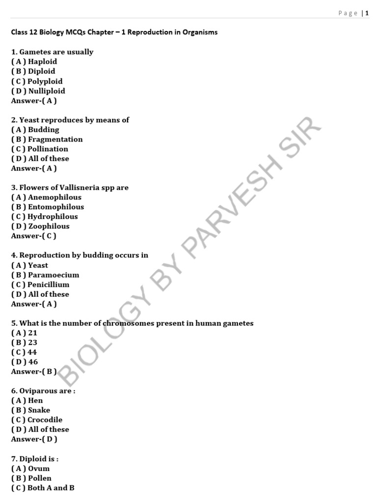 Class 12 Biology MCQs: Reproduction | PDF | Ploidy | Sexual Reproduction