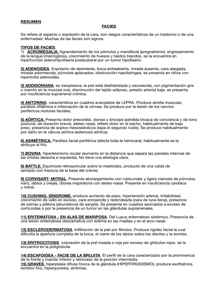 Resumen Fascies | PDF | Cara | Enfermedades y trastornos