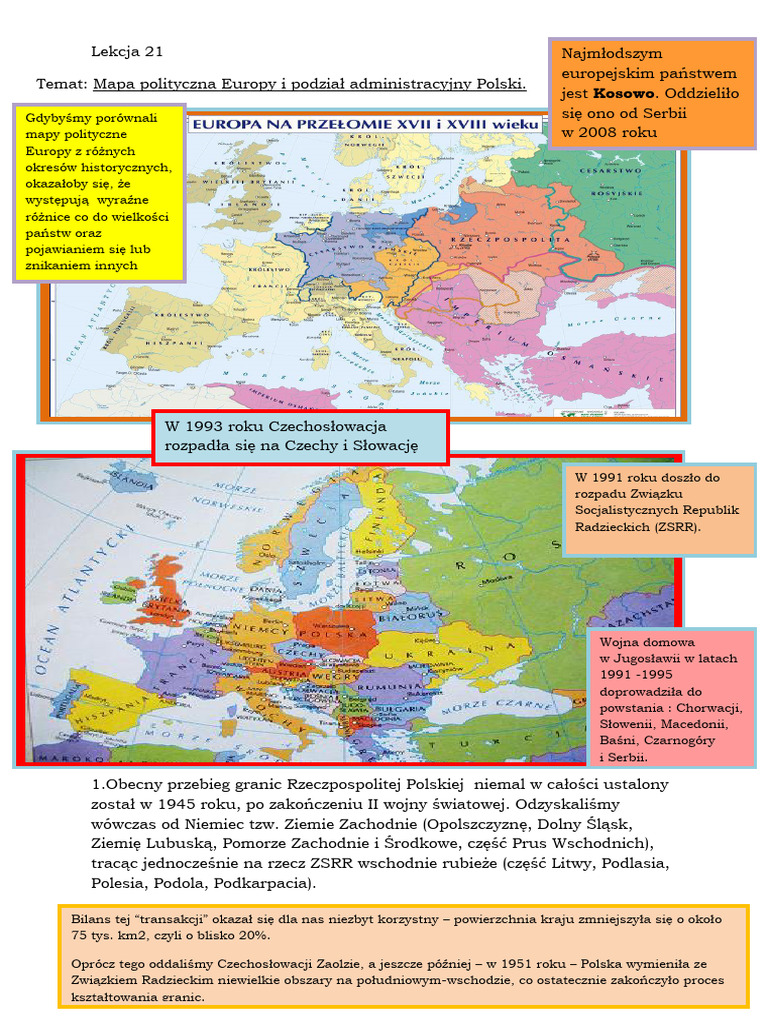 Lekcja 21 Mapa polityczne Europy i podzial administracyjny Polski. Klasa7 | PDF