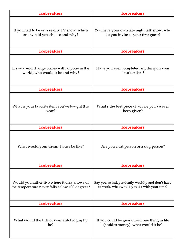 Icebreakers for Adults or Teenagers | PDF