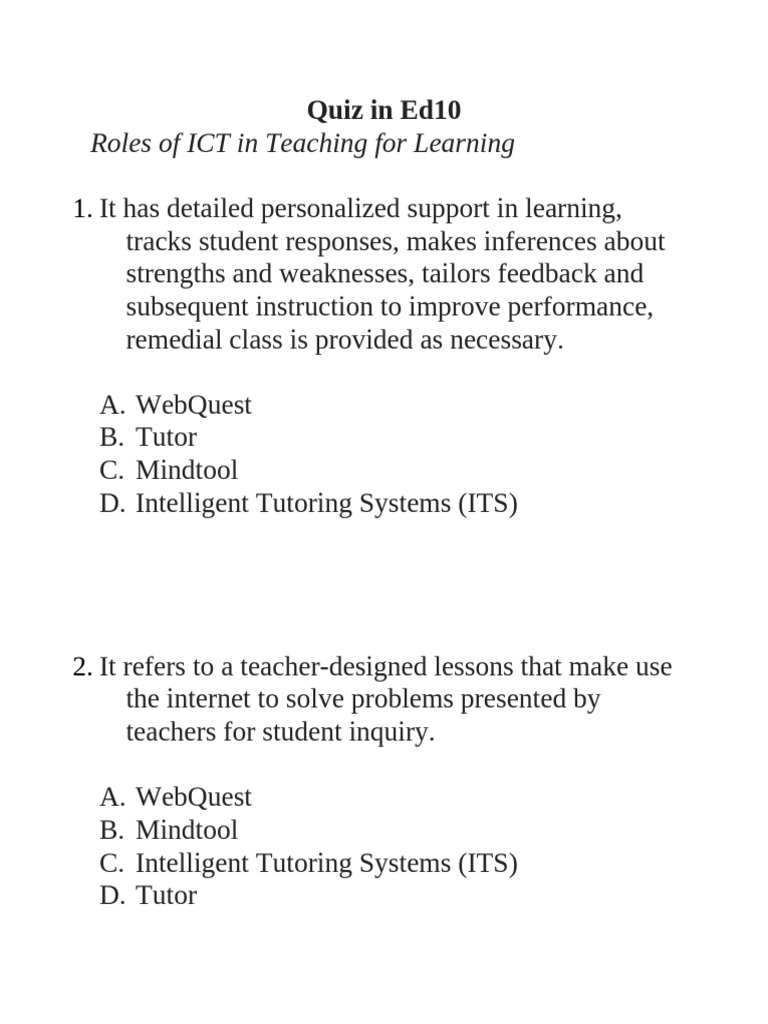 ICT Roles in Education Quiz | PDF | Educational Technology ...