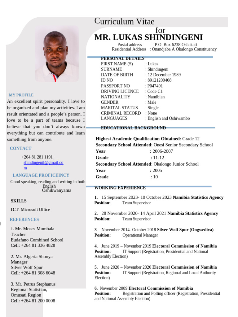 CV of Lukas Shindingeni | PDF | Namibia